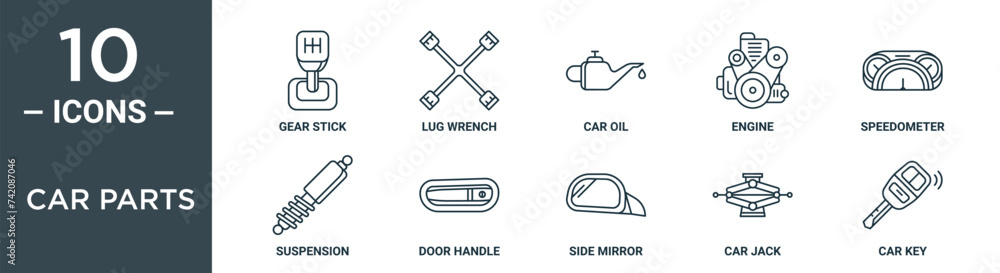 car parts outline icon set includes thin line gear stick, lug wrench ...