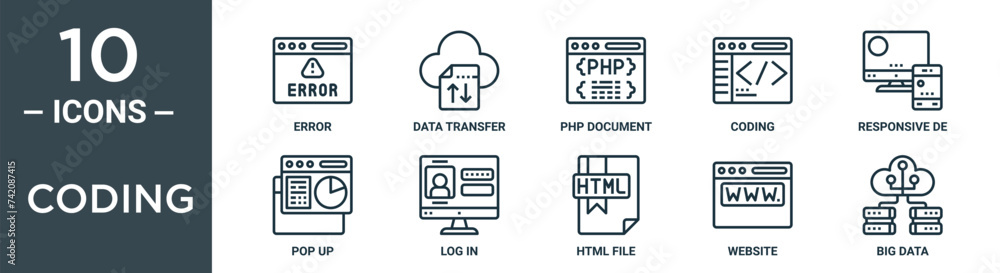 Vecteur Stock coding outline icon set includes thin line error, data transfer, php document ...
