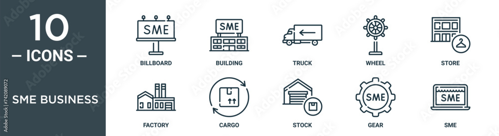 sme business outline icon set includes thin line billboard, building ...
