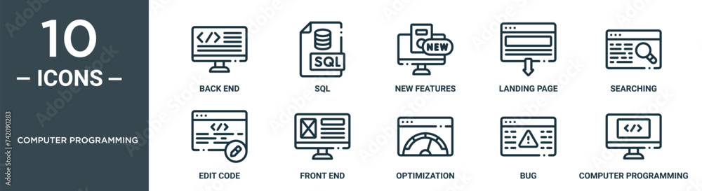 computer programming outline icon set includes thin line back end, sql ...