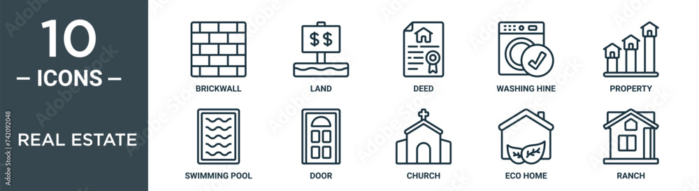 real estate outline icon set includes thin line brickwall, land, deed ...