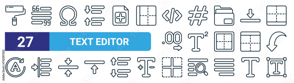 set of 27 outline web text editor icons such as paint roller, quote ...