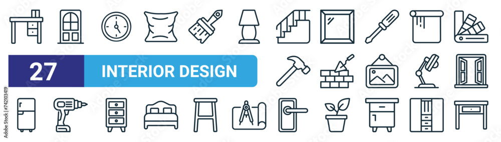 set of 27 outline web interior design icons such as desk, door, clock ...