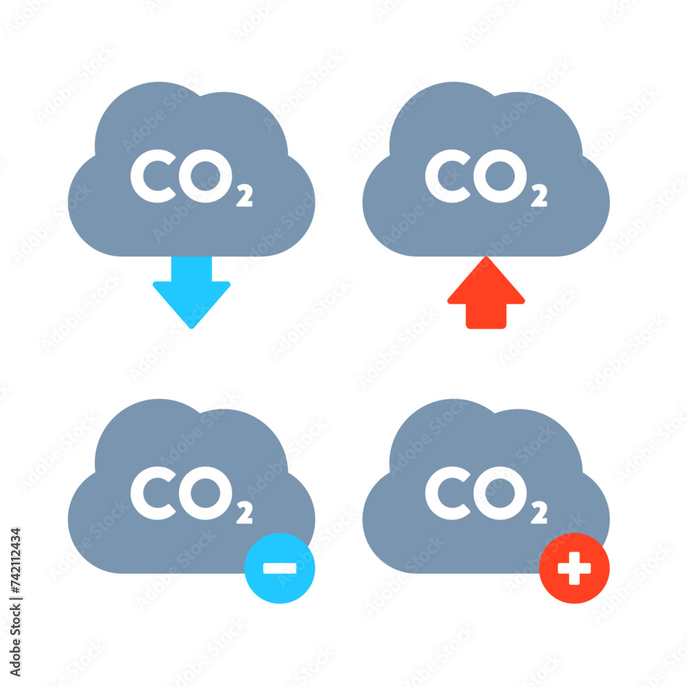 Set of clouds with the CO2 symbol, arrows, and signs in flat vector ...