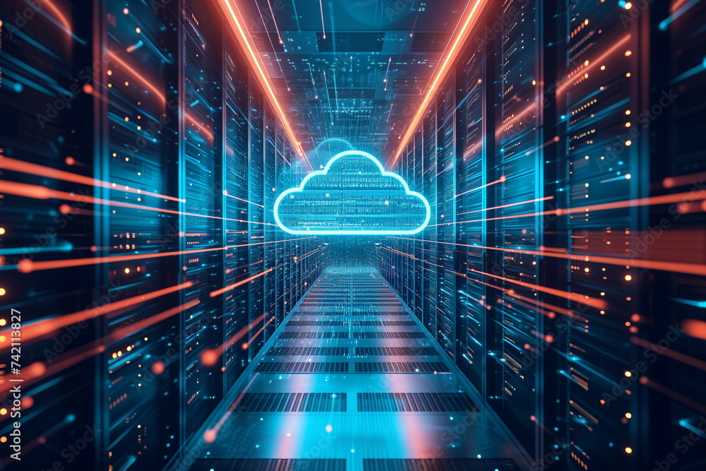 A visually striking image of a data center with rows of server racks ...