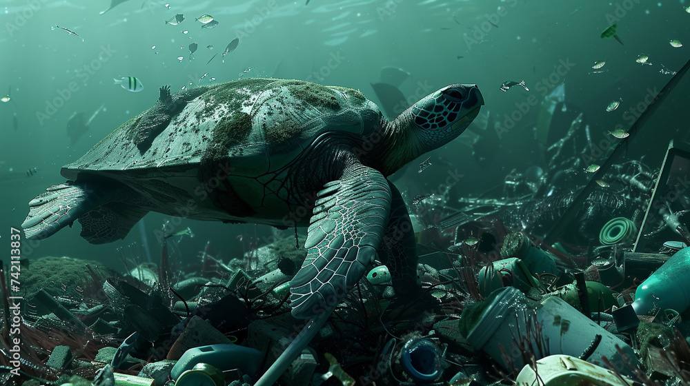 Visualize a detailed, realistic sea turtle journeying through a deep ...