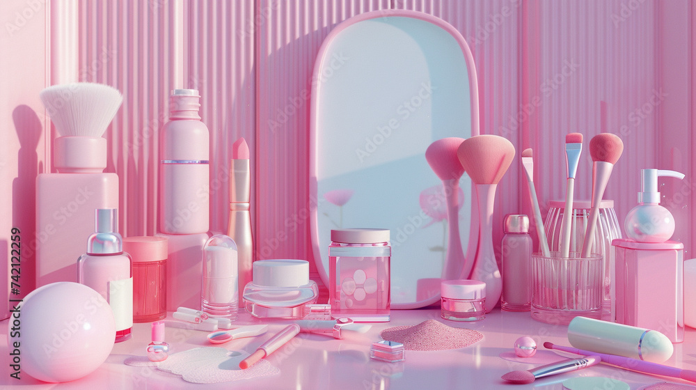An elaborate cosmetics setup featuring a variety of powders and brushes ...