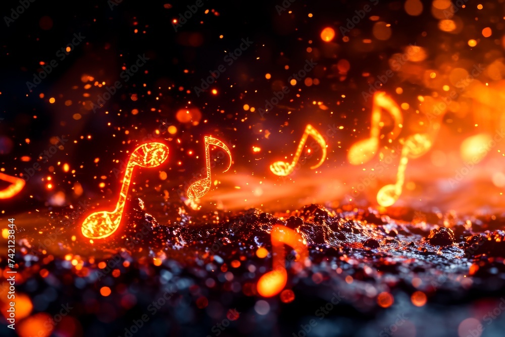 Fiery Musical Notes. Glowing musical notes on a fiery backdrop ...