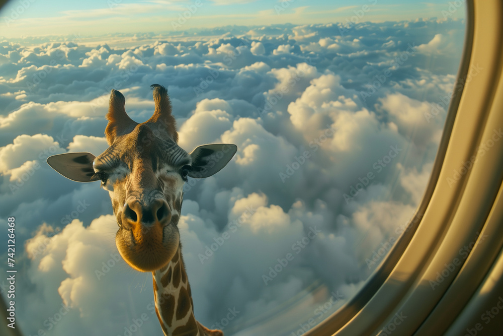 Giraffe's head poking through puffy white clouds as seen through an ...