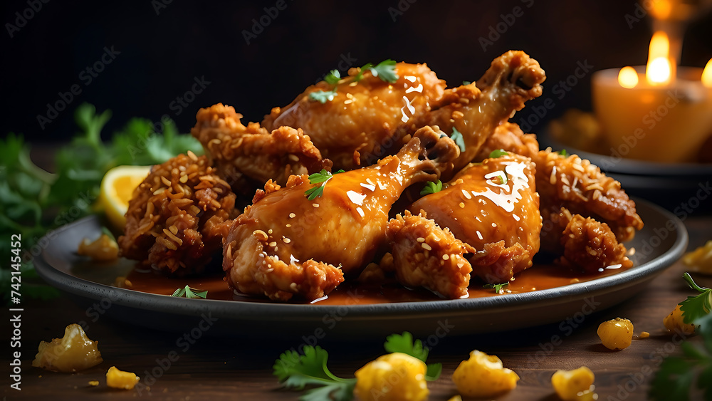 A platter of crispy fried chicken tenders, with a crunchy exterior and ...