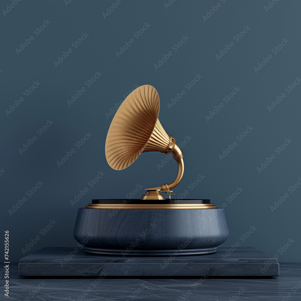 Shimmering in the spotlight, the coveted gramophone stands tall, a ...