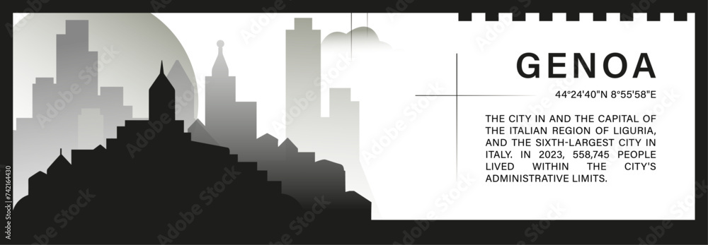 Genoa skyline vector banner, black and white minimalistic cityscape ...