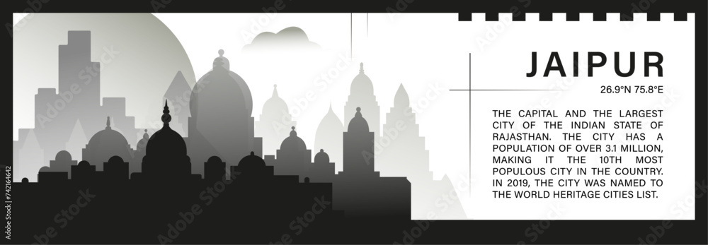 Jaipur skyline vector banner, black and white minimalistic cityscape ...