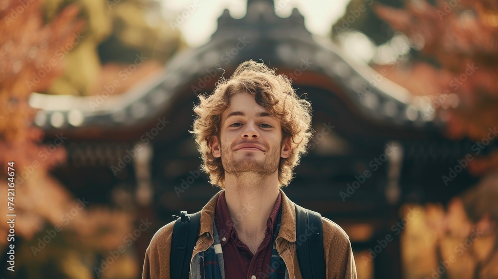 A foreigner embraces life in Kyoto, joyfully looking at the camera ...