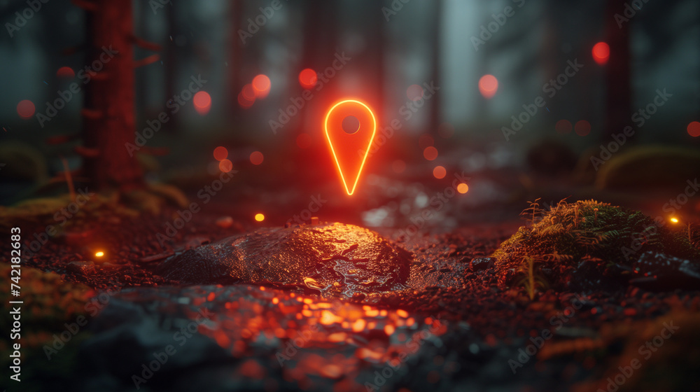 Red location pin, Glowing red marker stands out on the digital map ...