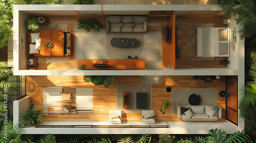 House, Floor plan of a house top view 3D illustration. Open concept ...