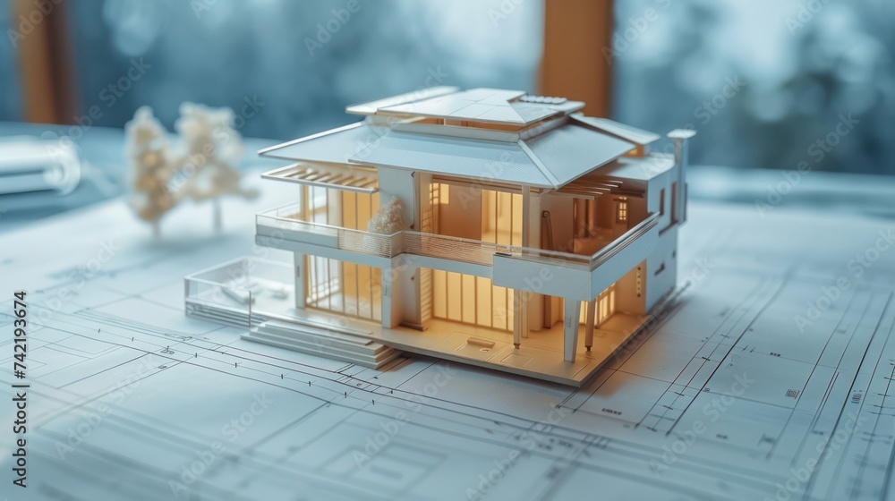 architectural house model atop a blueprint drawing, this banner layout ...