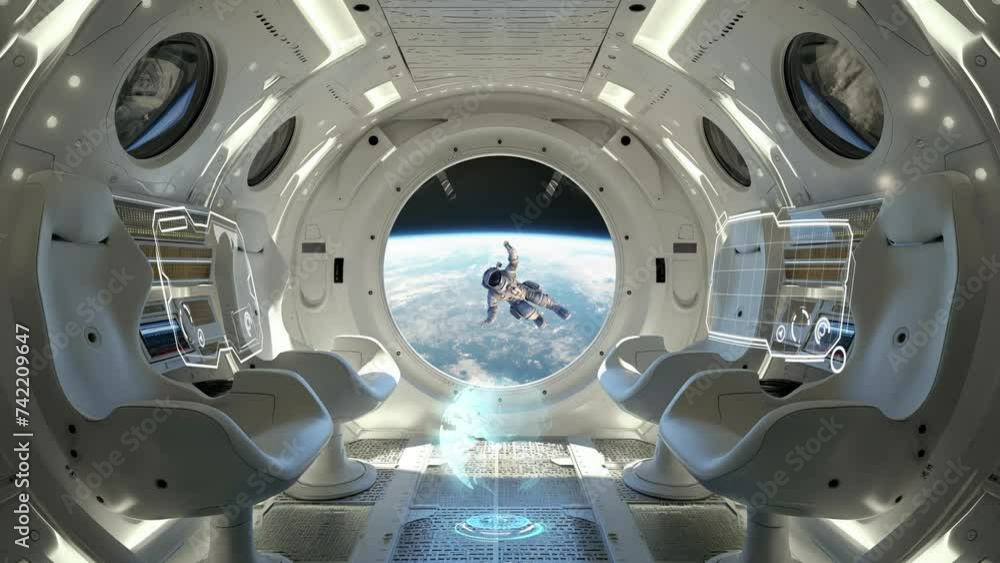 space background. spaceship interior with view on earth 3D rendering ...