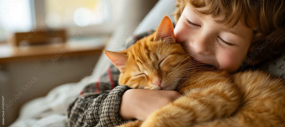 Happy little boy cuddling beloved orange tabby cat at home on cozy ...