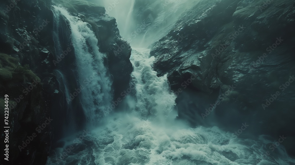 Powerful waterfall plummets down a rugged cliff into a mist-covered ...
