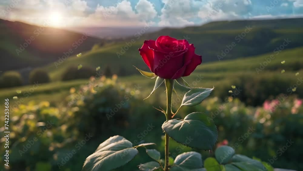 "An animation of a focused red rose, set against a scenic mountain ...