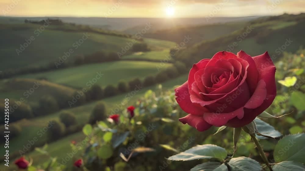 "An animated portrayal of a vivid red rose in sharp focus, framed by ...