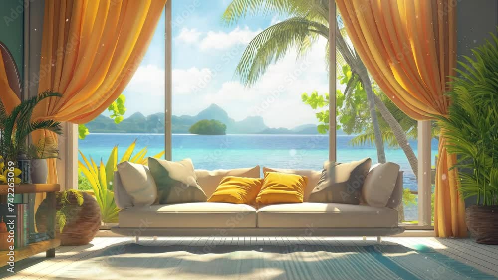 modern tropical living room interior design and sea view. beautiful sea ...