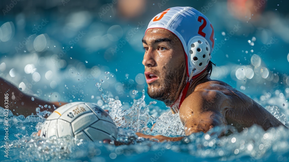 Water polo match peak moment, Intense moment of a water polo player ...