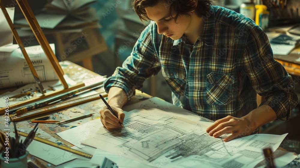 Young artist sketching architectural designs, with drawing tools and ...