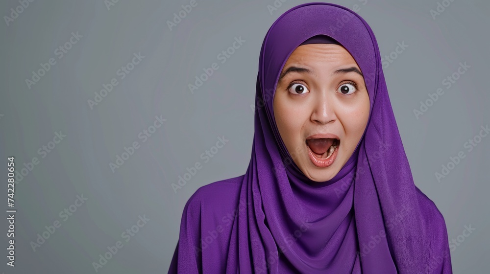 The candid expression of a young Malay Muslim woman with a shocked ...