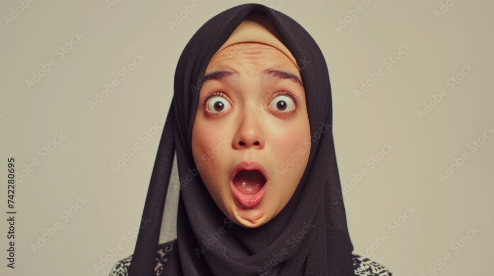 The candid expression of a young Malay Muslim woman with a shocked ...