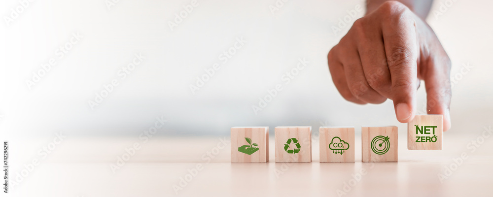 2050 year, Net zero and carbon neutral concept. CO2 reducing icon print screen on wooden and ...