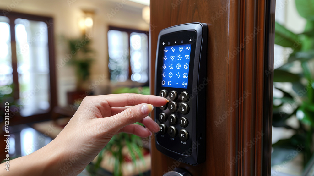 Closeup of woman finger entering password code on the smart digital ...