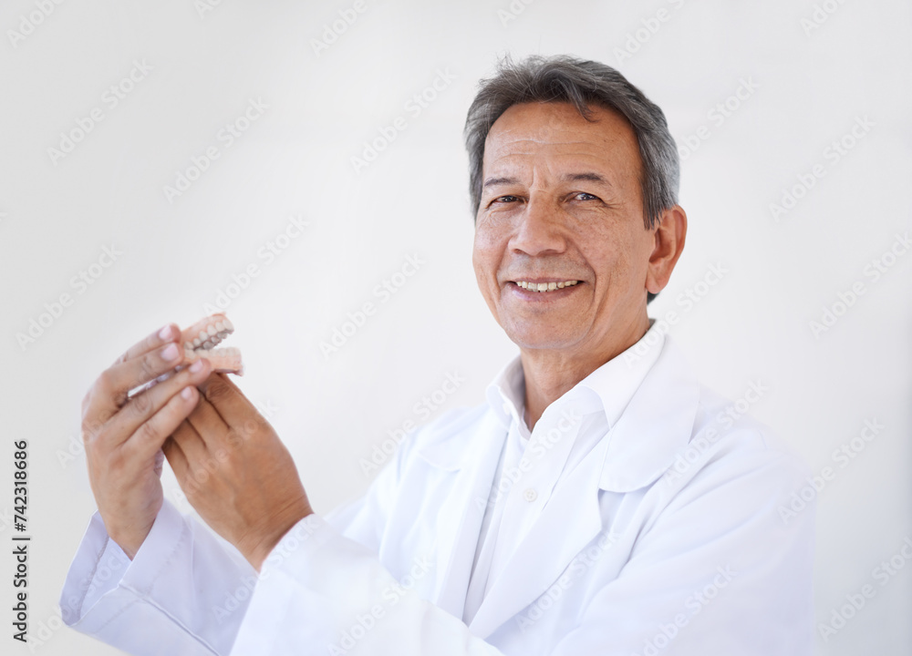 Man, dentist and portrait with denture mold for teeth healthcare for ...