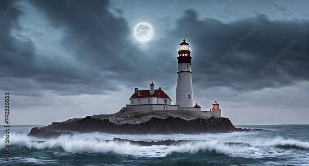 Haunted lighthouse on rocky coast, stormy skies, crashing waves ...