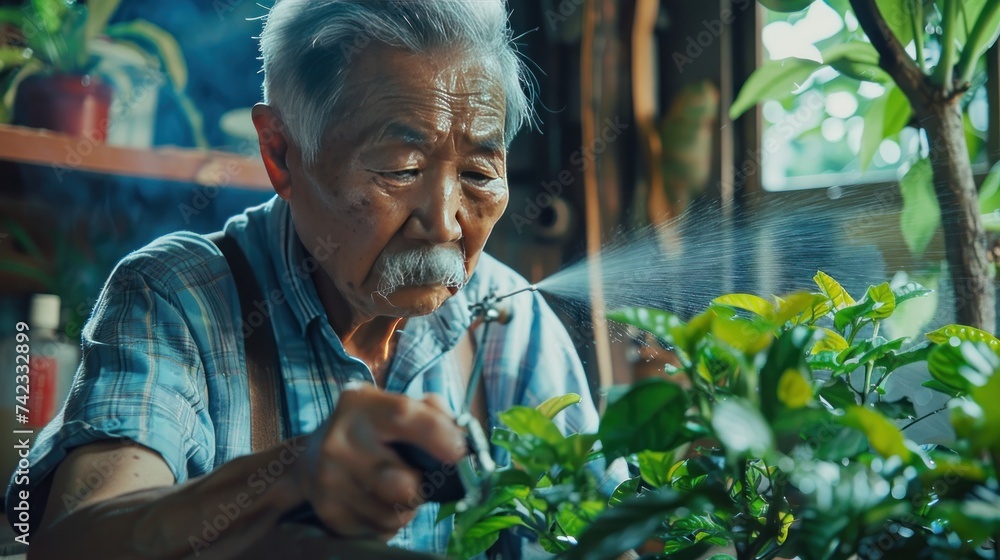 An elderly Asian man with a mustache uses epoxy to spray water on ...