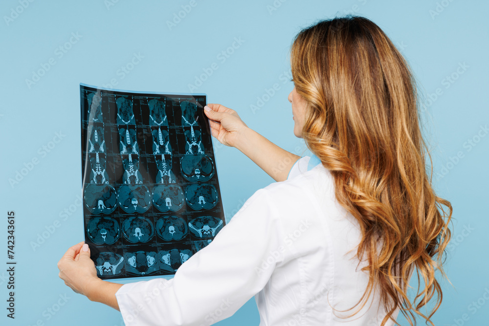 Back view female doctor woman wears medical gown suit work in hospital ...