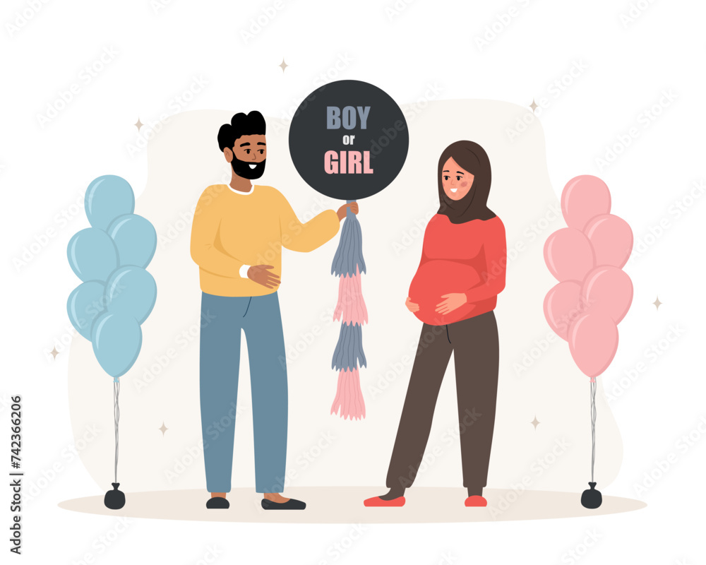 Gender reveal party. Couple holding balloon with inscription Boy or ...