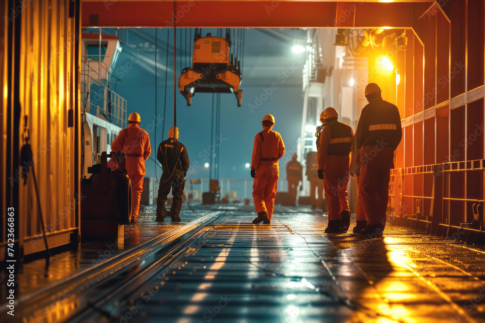 Crew in uniform manages loading on container ship at night ...