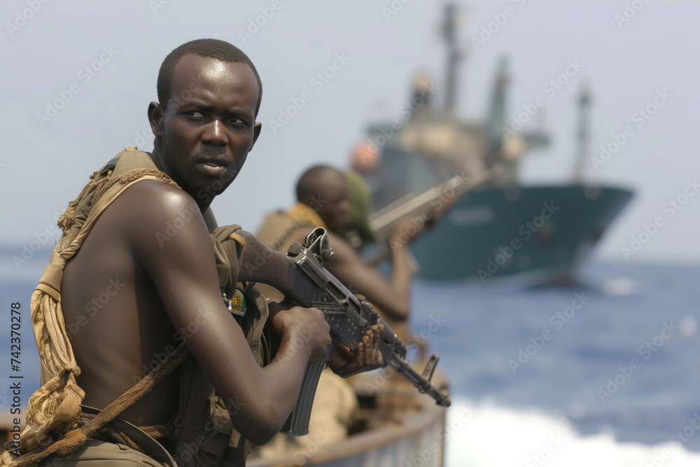 Armed Somali pirates attack commercial container in ocean. Pirates ...