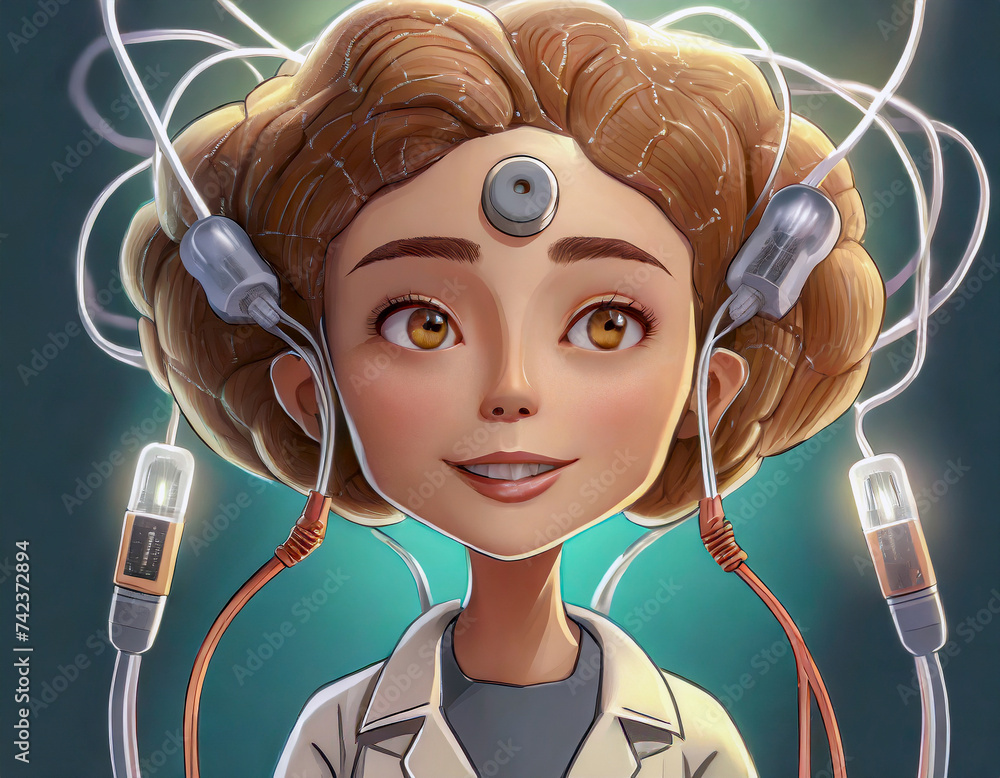 Cartoon woman whose brain is connected to electrodes Stock Illustration ...