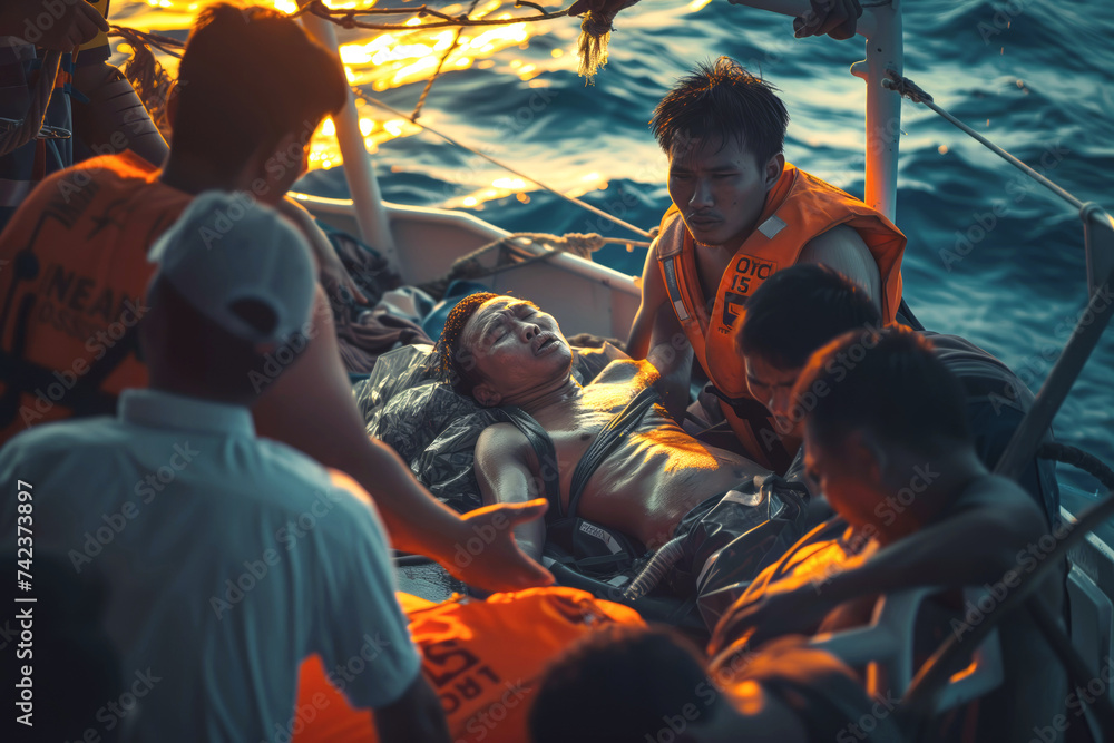 Survivors of tanker explosion being rescued by coast guard team. Men in ...