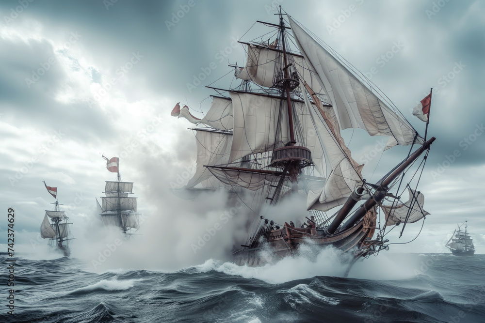 Dramatic reenactment of pirate ship pursuit in ocean. Sailboats ...