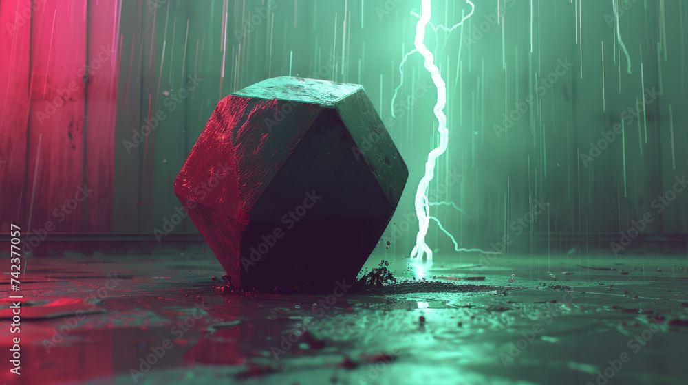 Dark hexagonal rock with green lightning strikes in an intense wet ...
