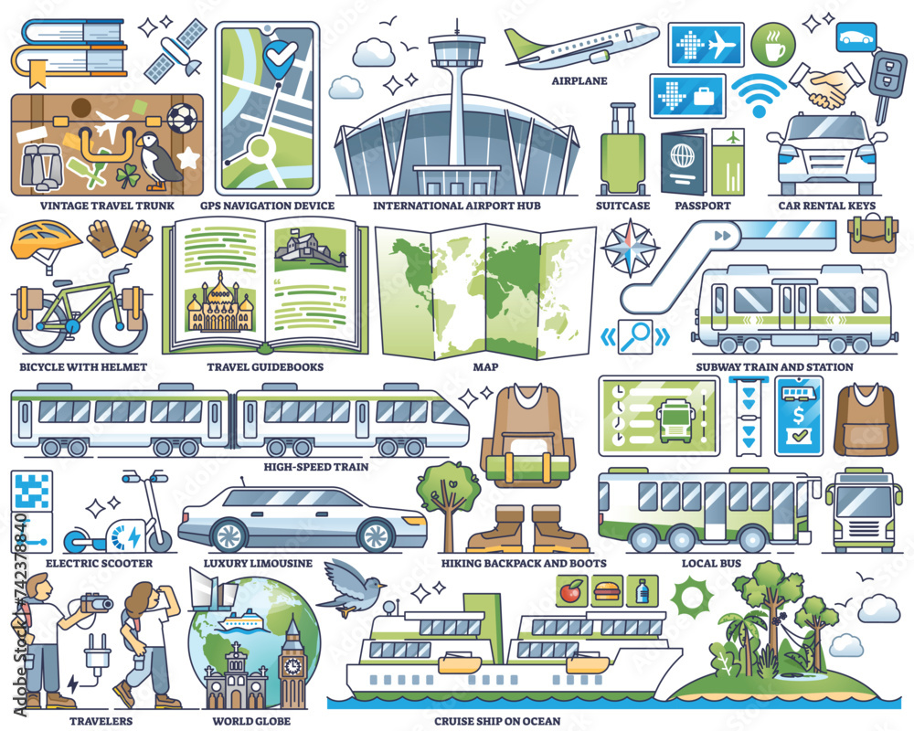 Travel and transportation elements for vacation holidays outline ...