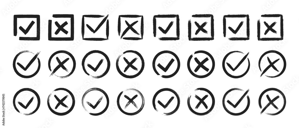 Dirty grunge cross x and tick OK check marks set in check boxes, hand ...