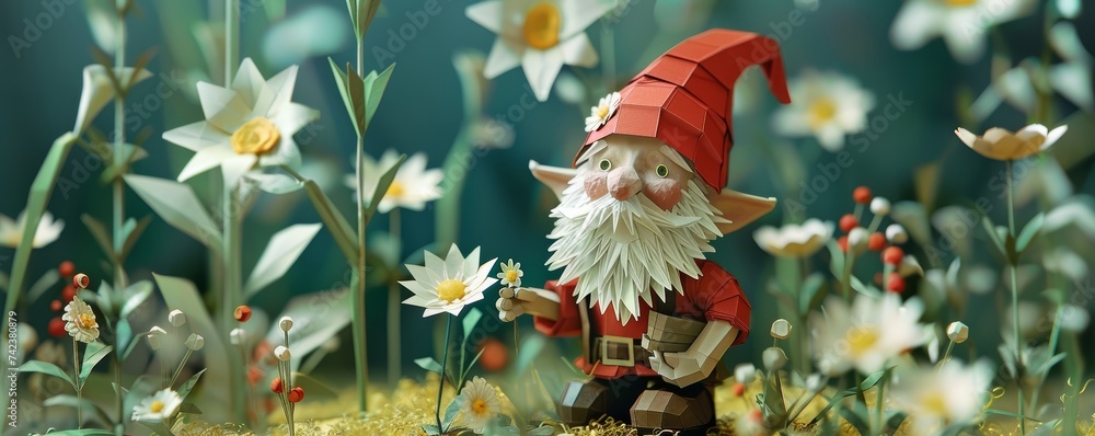 Detailed papercraft gnome making a daisy chain precision in paper ...