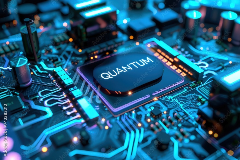 computer chip circuits, with a word "QUANTUM" at the center. The ...