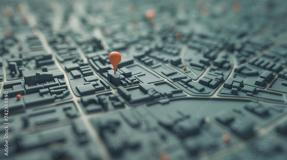 3d city map with location pin. Close-up of a 3d rendered city map with ...