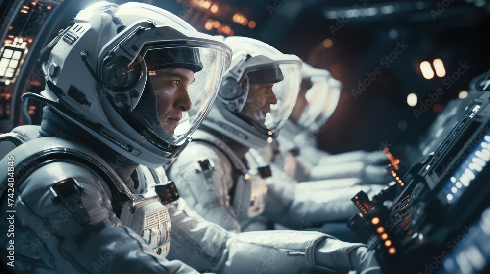 Team of astronauts in a space suits aboard the orbital station. A crew ...